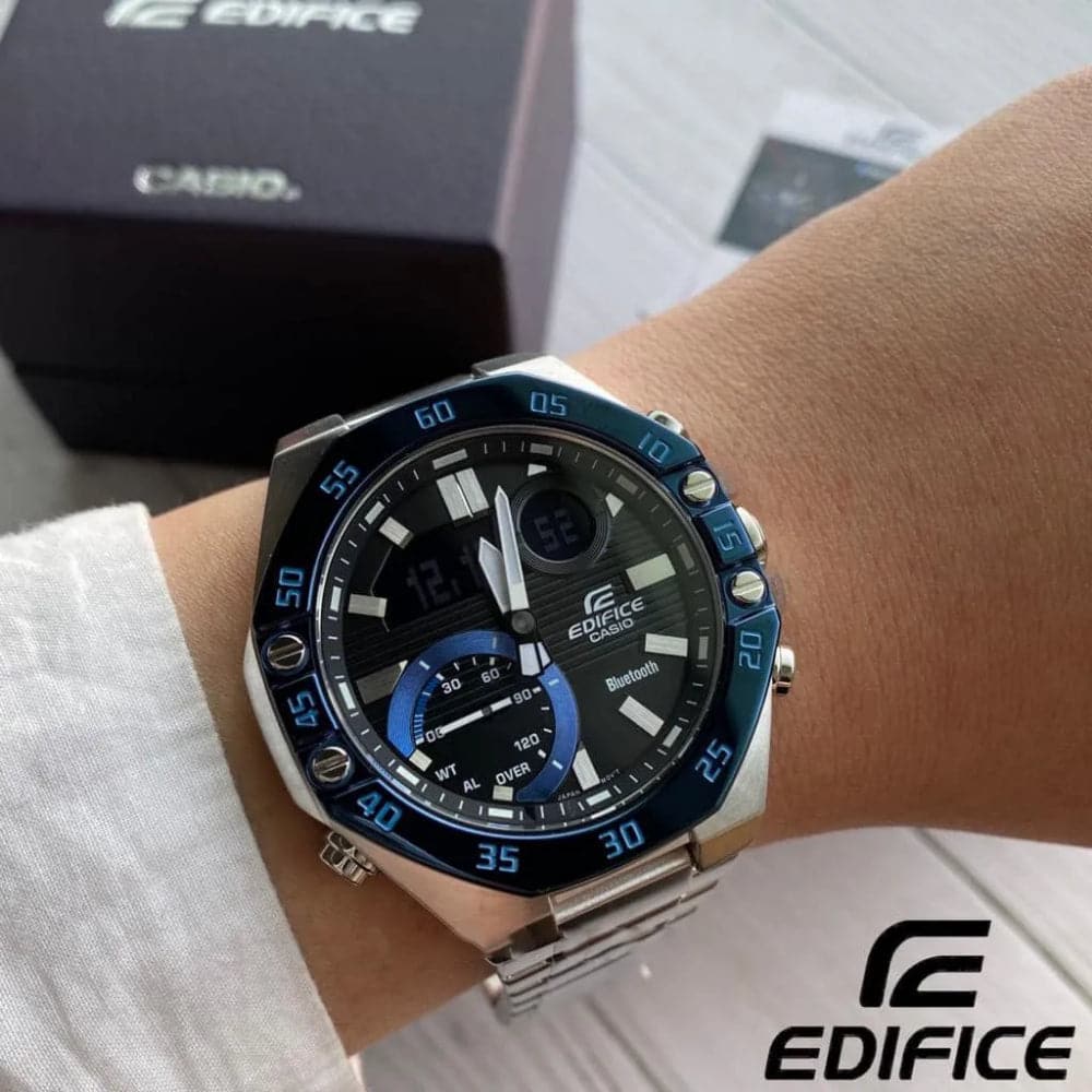 Casio Edifice Blue Dial Silver Stainless Steel Strap Men Watch ECB-10D ...