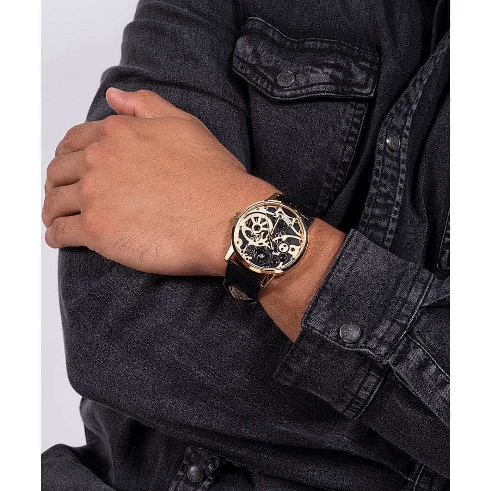 Guess Skeleton Dial Black Leather Strap Men Watch GW0570G1 – H2 Hub