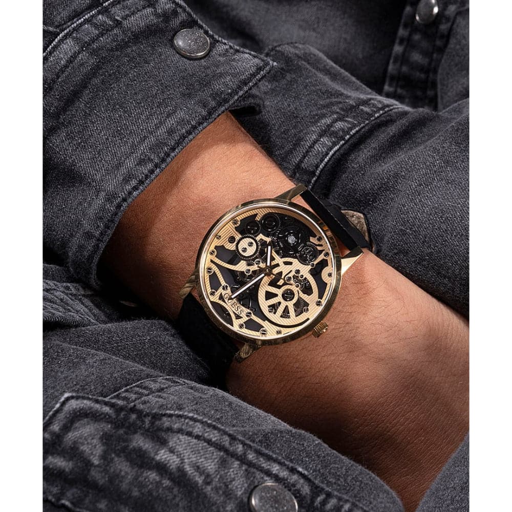 Guess Skeleton Dial Black Leather Strap Men Watch GW0570G1 – H2 Hub