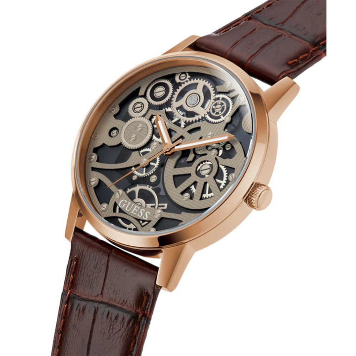 Guess Skeleton Dial Brown Leather Strap Men Watch GW0570G2 – H2 Hub