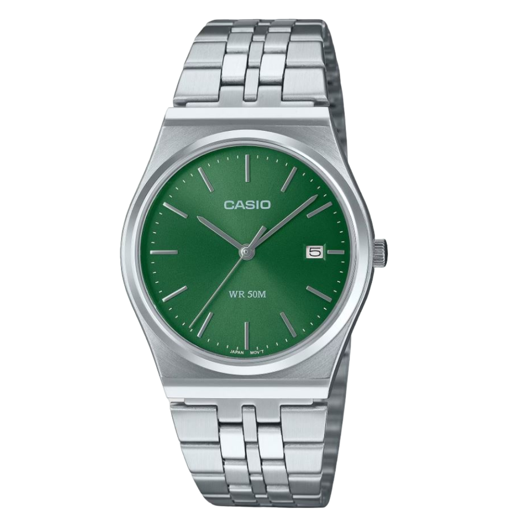 Casio General Green Dial Silver Stainless Steel Strap Unisex Watch MTP ...