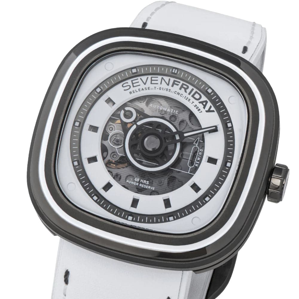 Sevenfriday Automatic Skeleton Dial White Leather Strap Men Watch SF-T ...