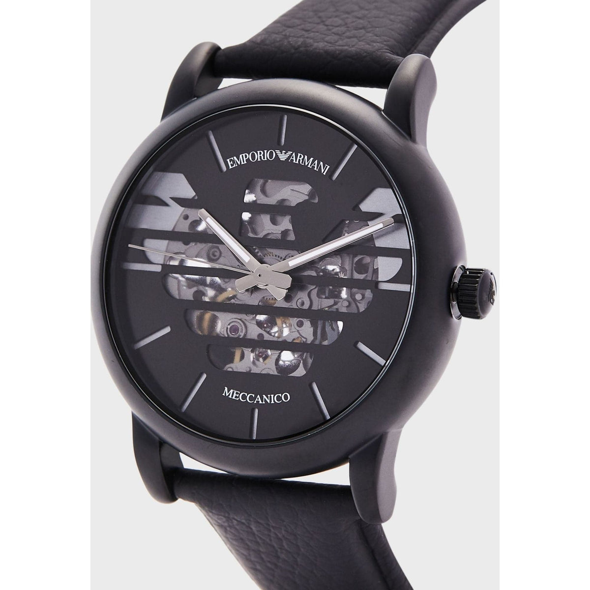 EMPORIO ARMANI AUTOMATIC THREE-HAND BLACK LEATHER MEN'S WATCH AR60032 ...