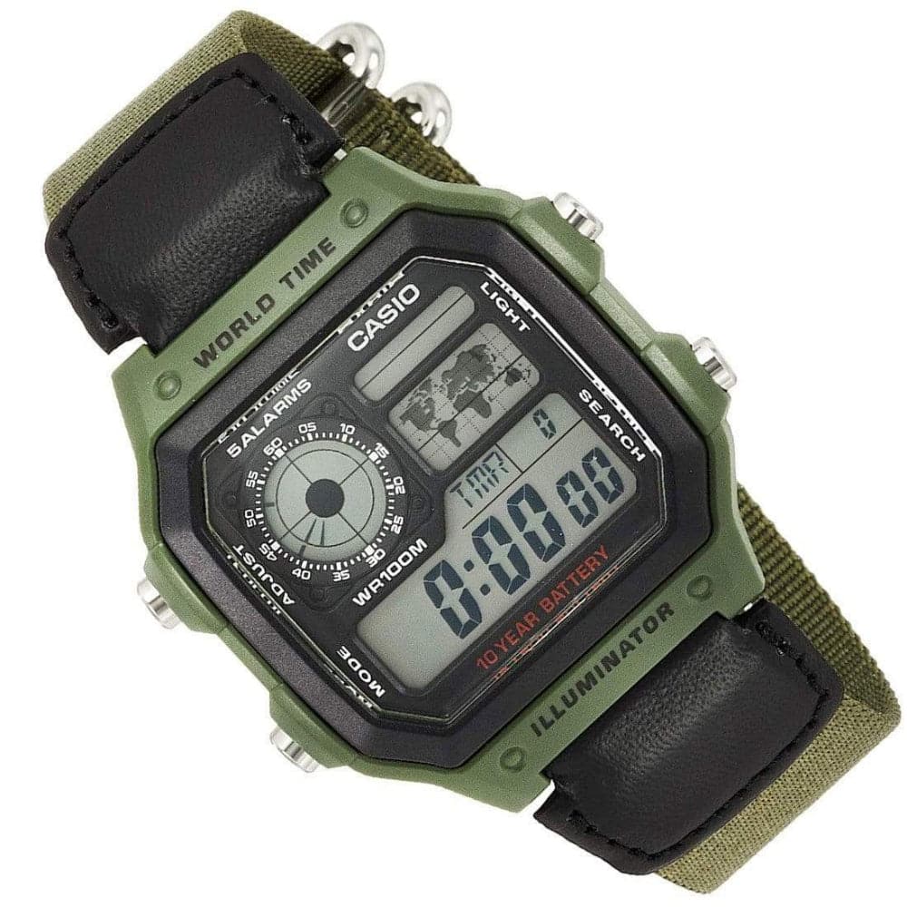 Casio Illuminator Digital Green Nylon Strap Men Watch AE-1200WHB-3BVDF ...