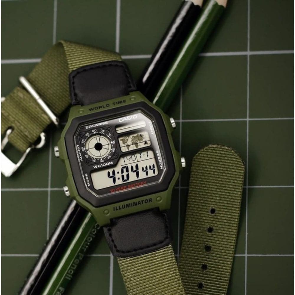 Casio Illuminator Digital Green Nylon Strap Men Watch AE-1200WHB-3BVDF ...