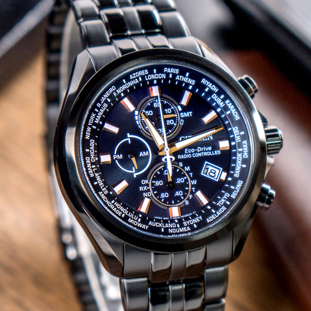 Citizen Eco-Drive Chronograph Black Stainless Steel Strap Men Watch AT ...