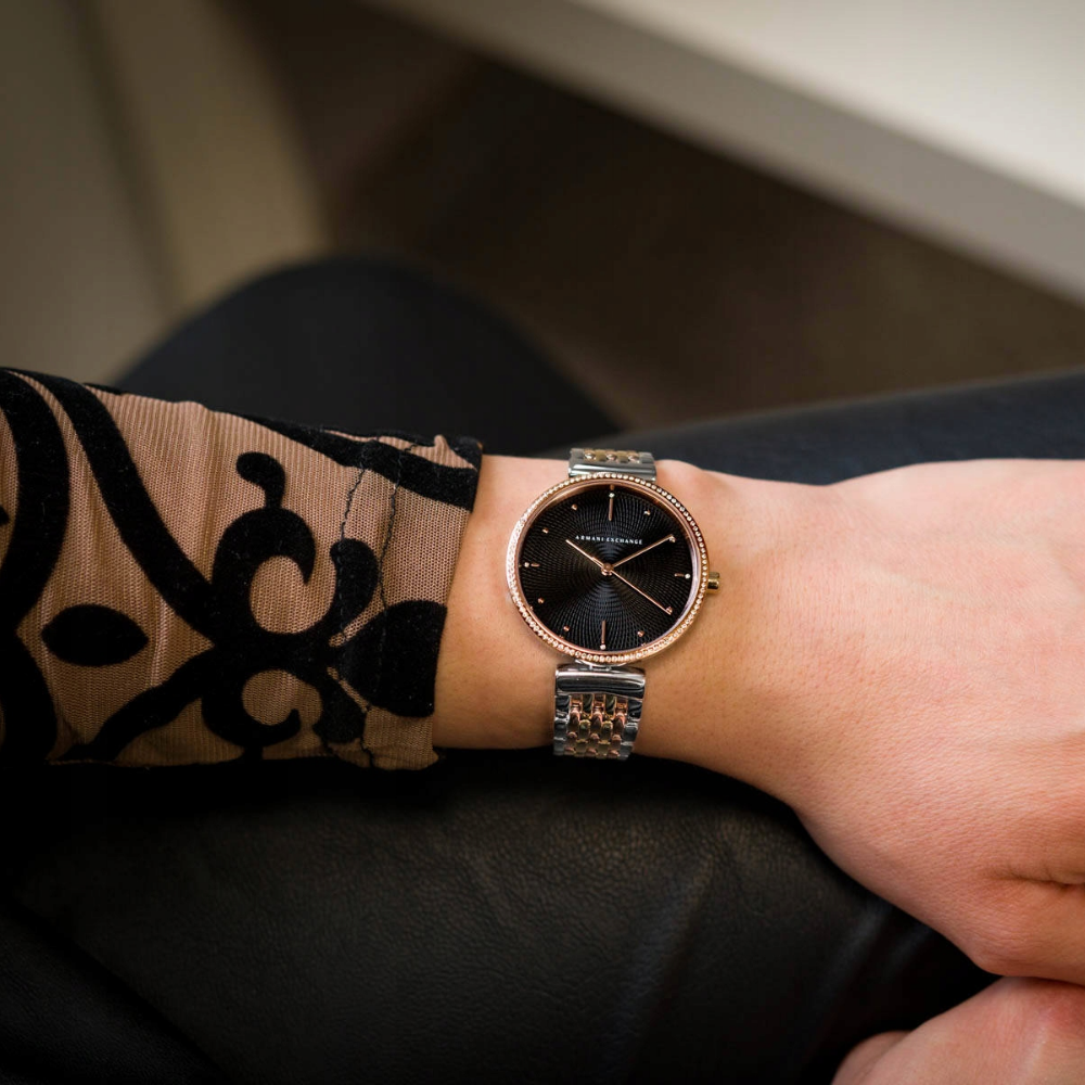 ARMANI EXCHANGE THREE-HAND TRI-TONE STAINLESS STEEL WOMEN WATCH – H2 Hub