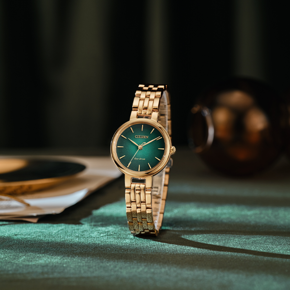 CITIZEN EM0993-82Z ECO-DRIVE ROSE GOLD TONE GREEN DIAL STAINLESS STEEL ...